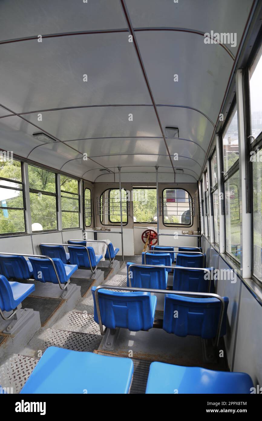 Interior of the cable car (funicular) in Vladivostok, one of only two ...
