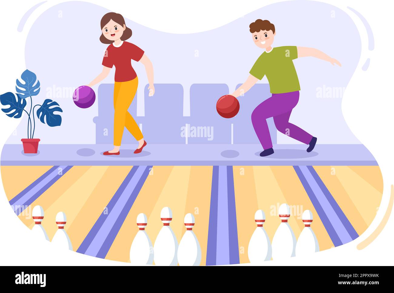 People Play Bowling Game Hand Drawn Cartoon Flat Design Illustration ...