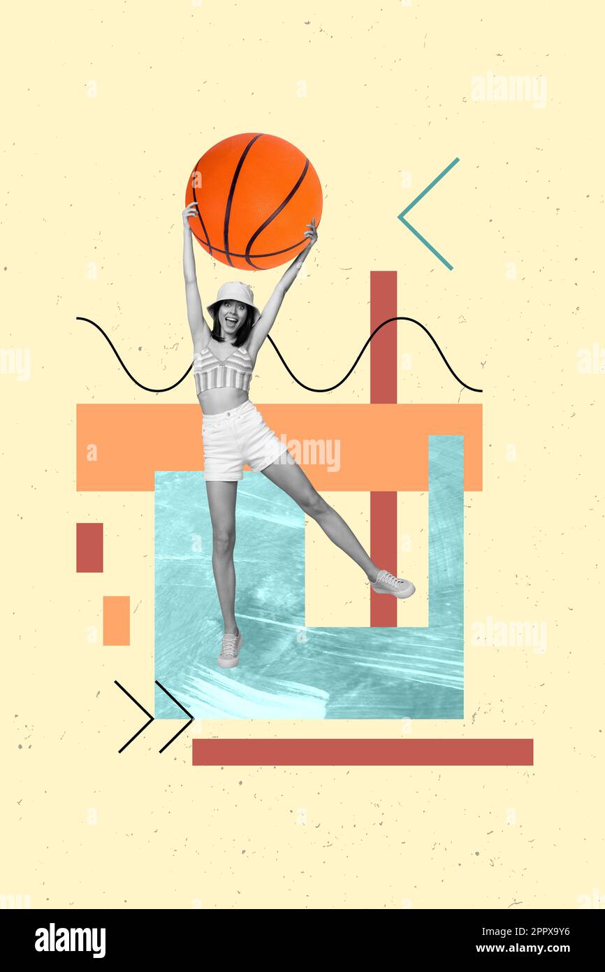 Vertical artwork photo collage young traveler lady play beach ...