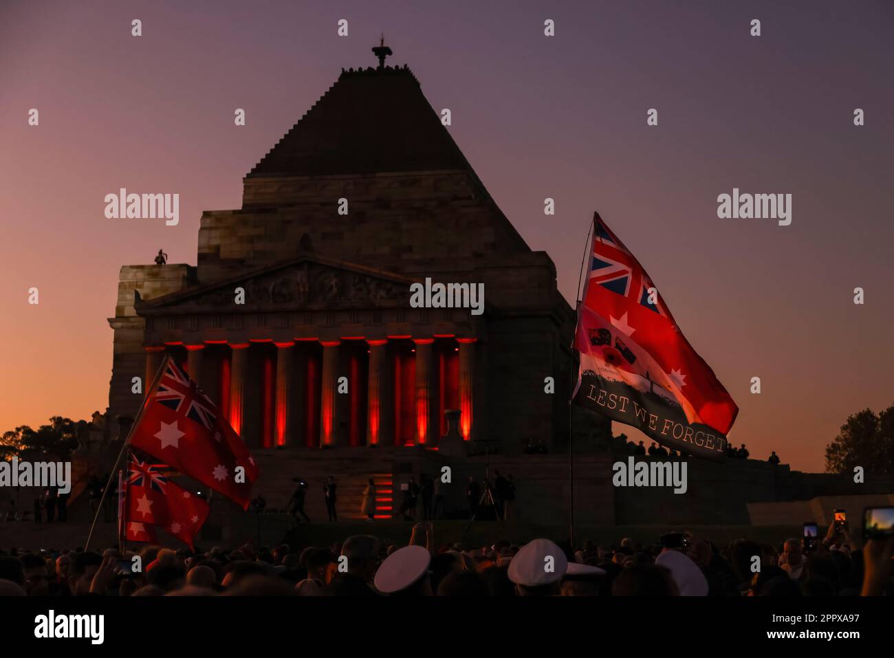 A flag with the words lest we forget seen at The Shrine of Remembrance ...