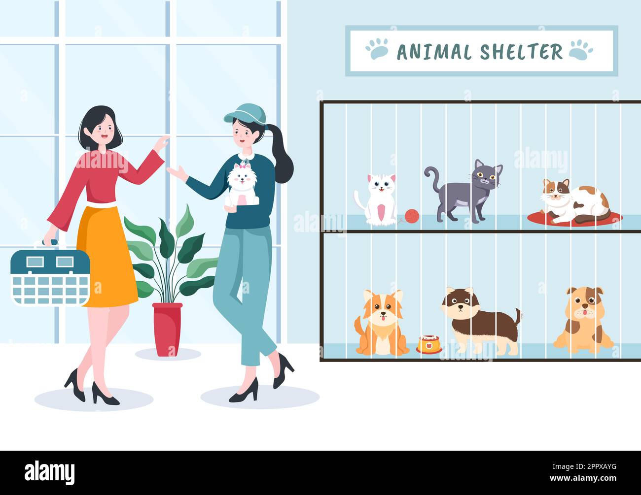 Animal Shelter Cartoon Illustration with Pets Sitting in Cages and ...