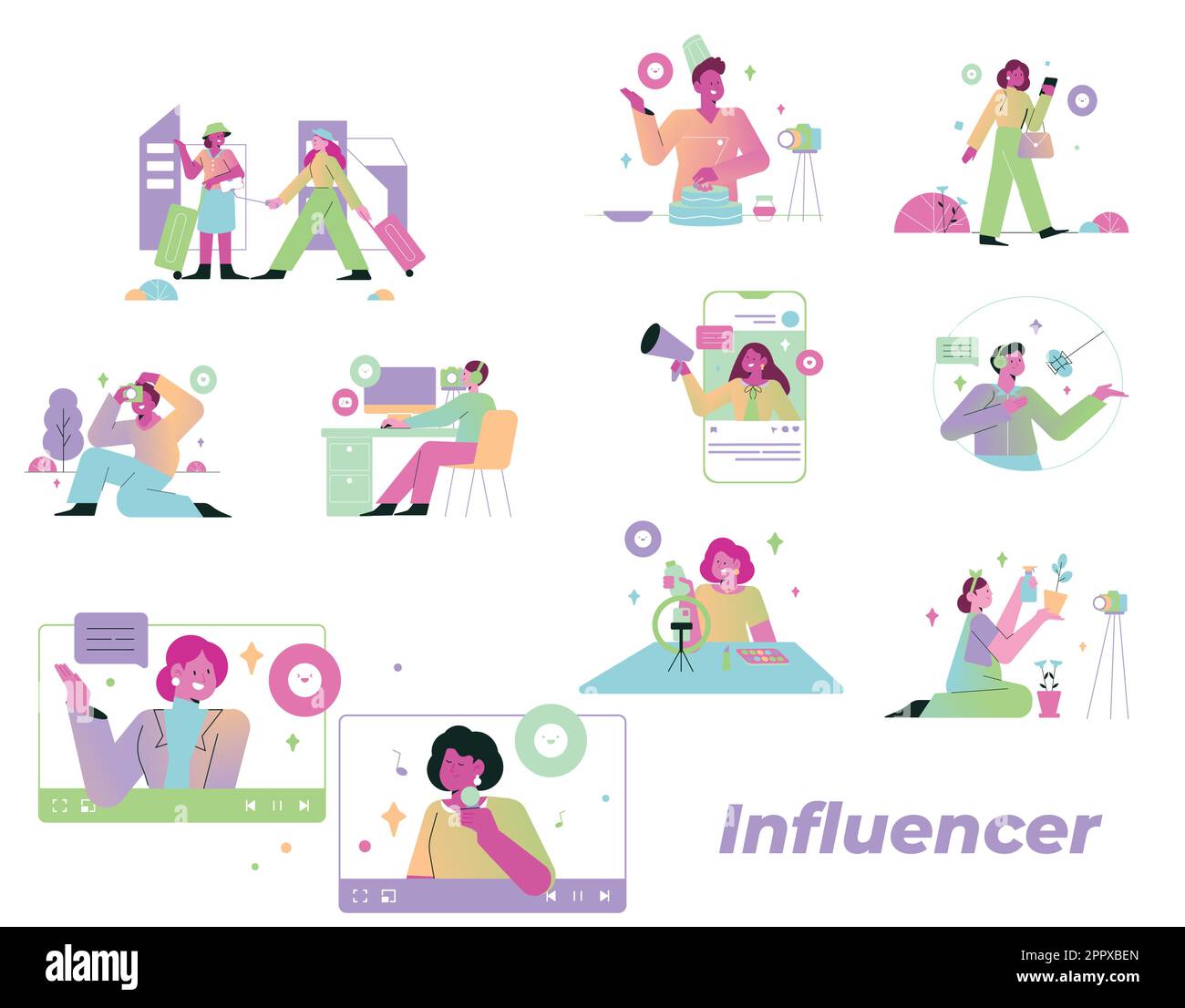 set of influencer and content creation vector illustration Stock Vector ...