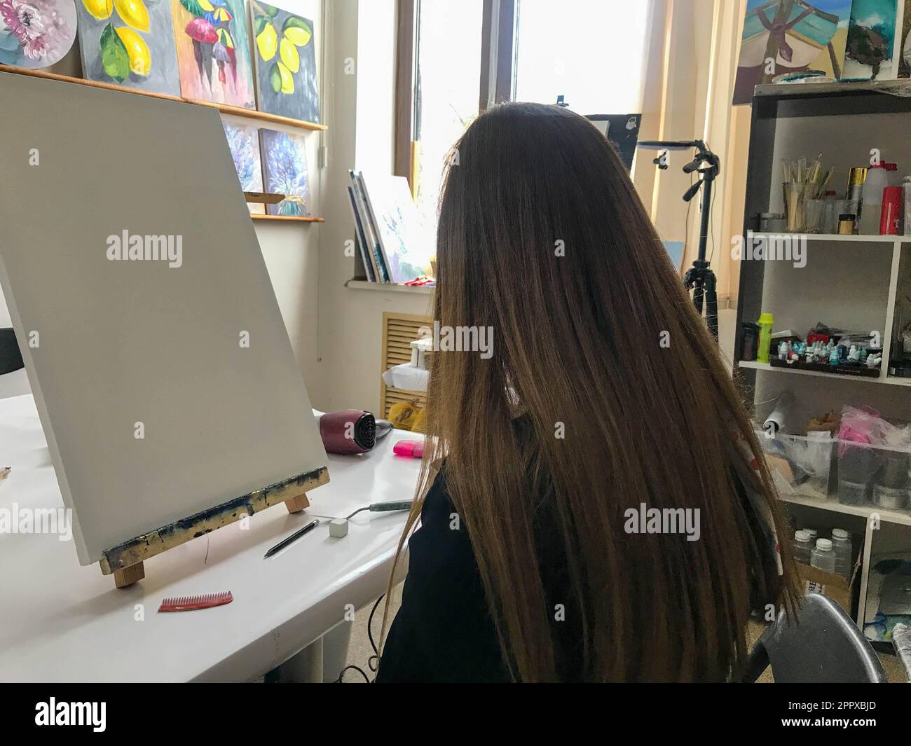 Woman artist draws picture table hi-res stock photography and images ...
