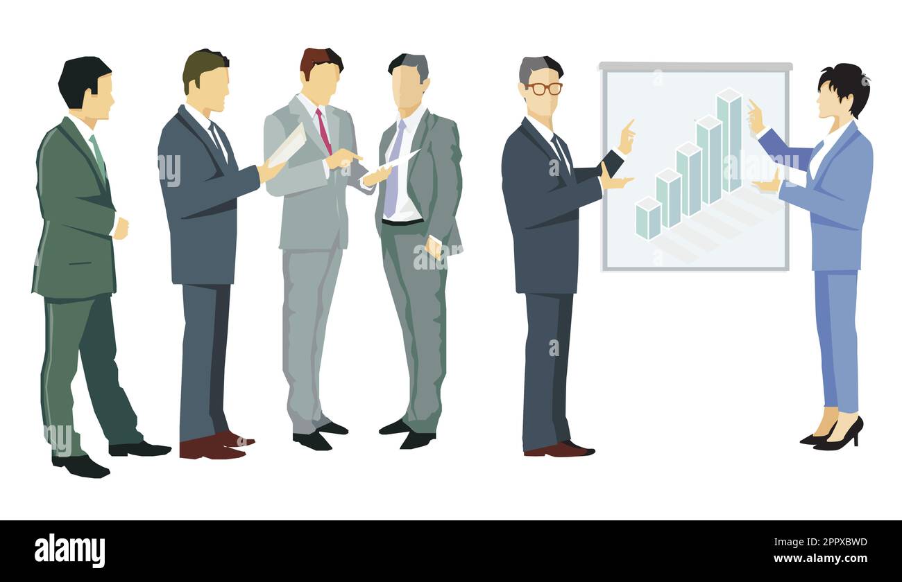 Balance sheet planning, discussion by employees illustration Stock ...