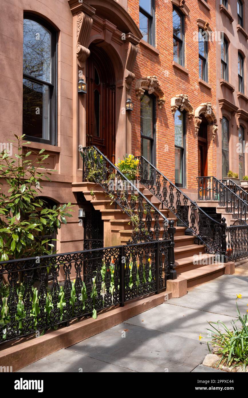 Townhouse facades with stoops. Steps and cast iron stair rails in ...