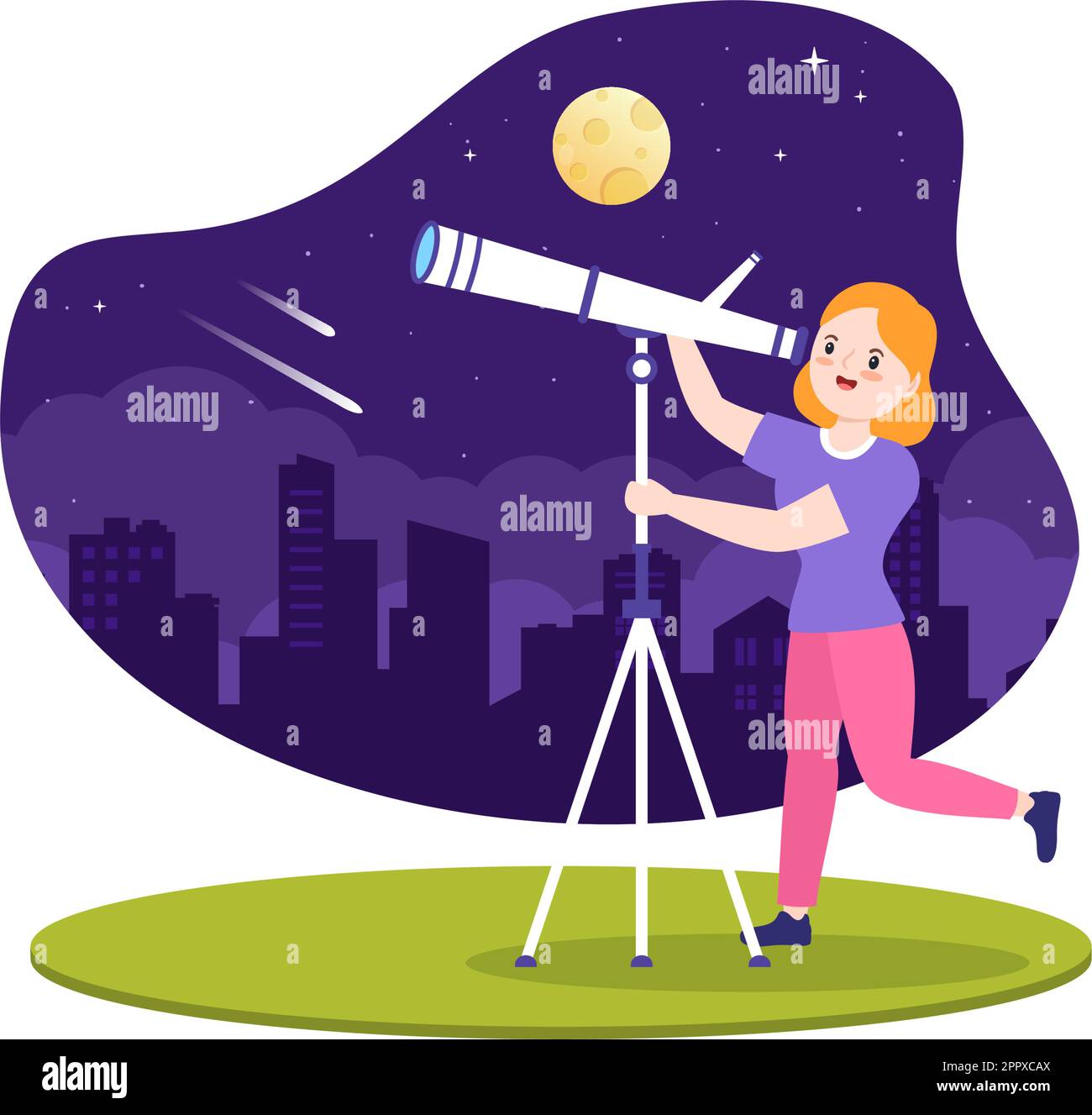 Astronomy Cartoon Illustration with People Watching Night Starry Sky ...