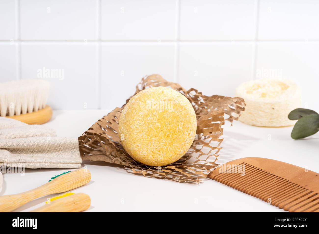 Eco friendly solid shampoo bar and spa accessories in the bathroom ...