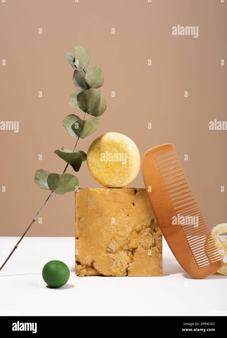 Still life modern composition. Solid shampoo bar and natural materials ...