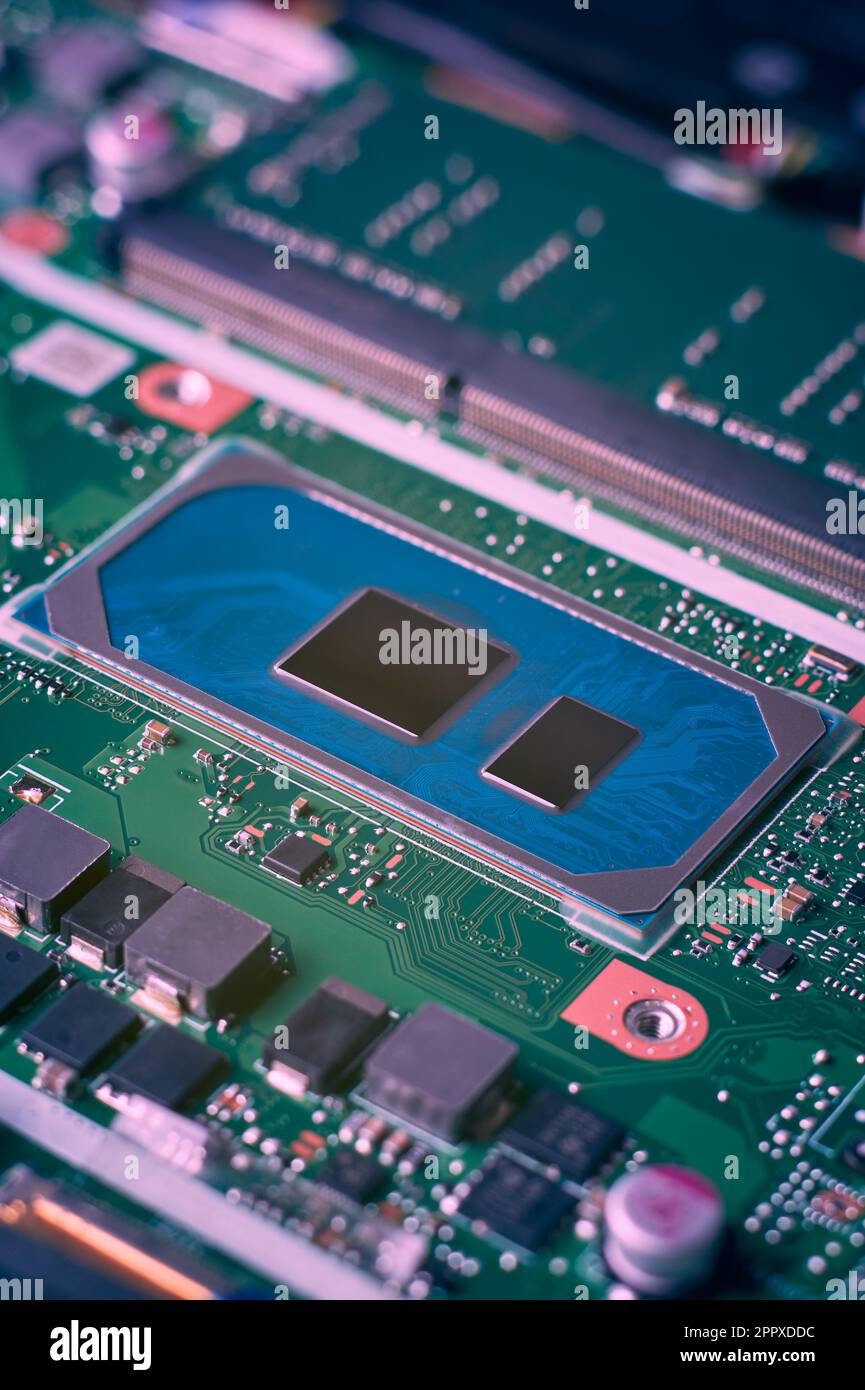 laptop processor, close-up view of soldered on-board cpu and gpu after ...
