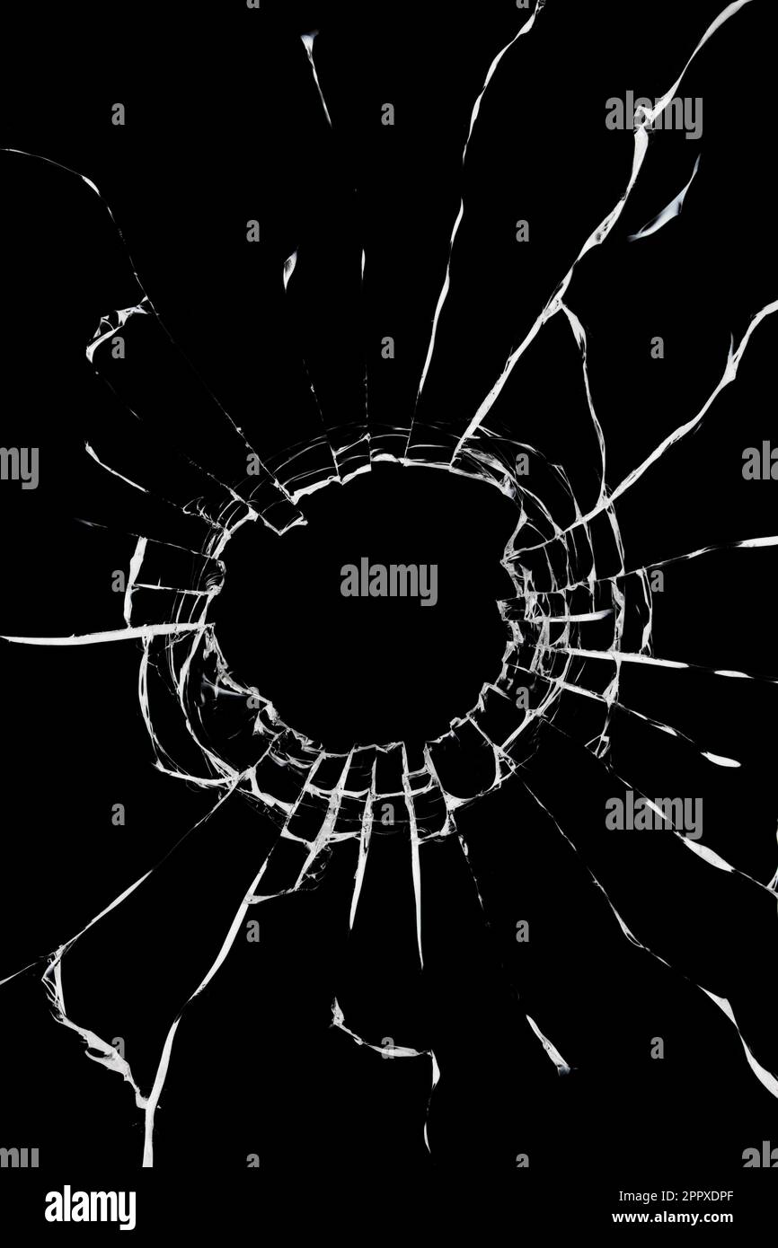 Cracks on a broken window. Texture of broken glass on a black ...