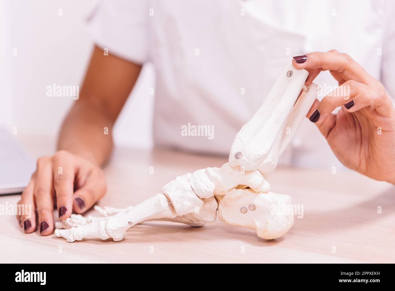 Unrecognizable female doctor in white uniform demonstrating foot ...