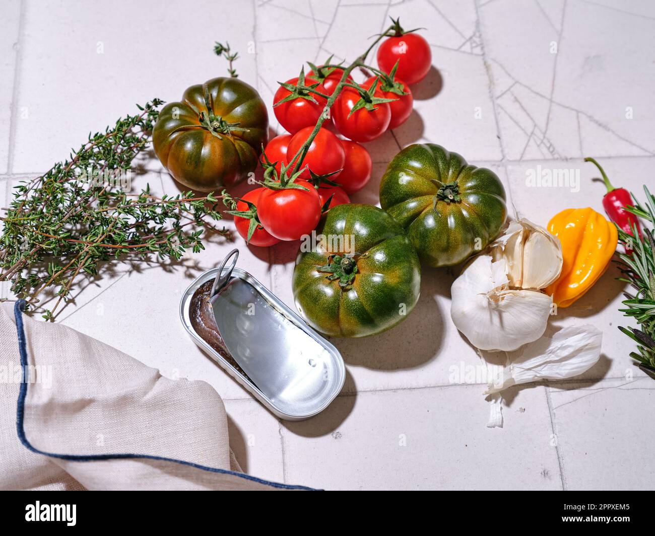 Flat lay with fresh vegetables on tiled background. Cooking healthy ...