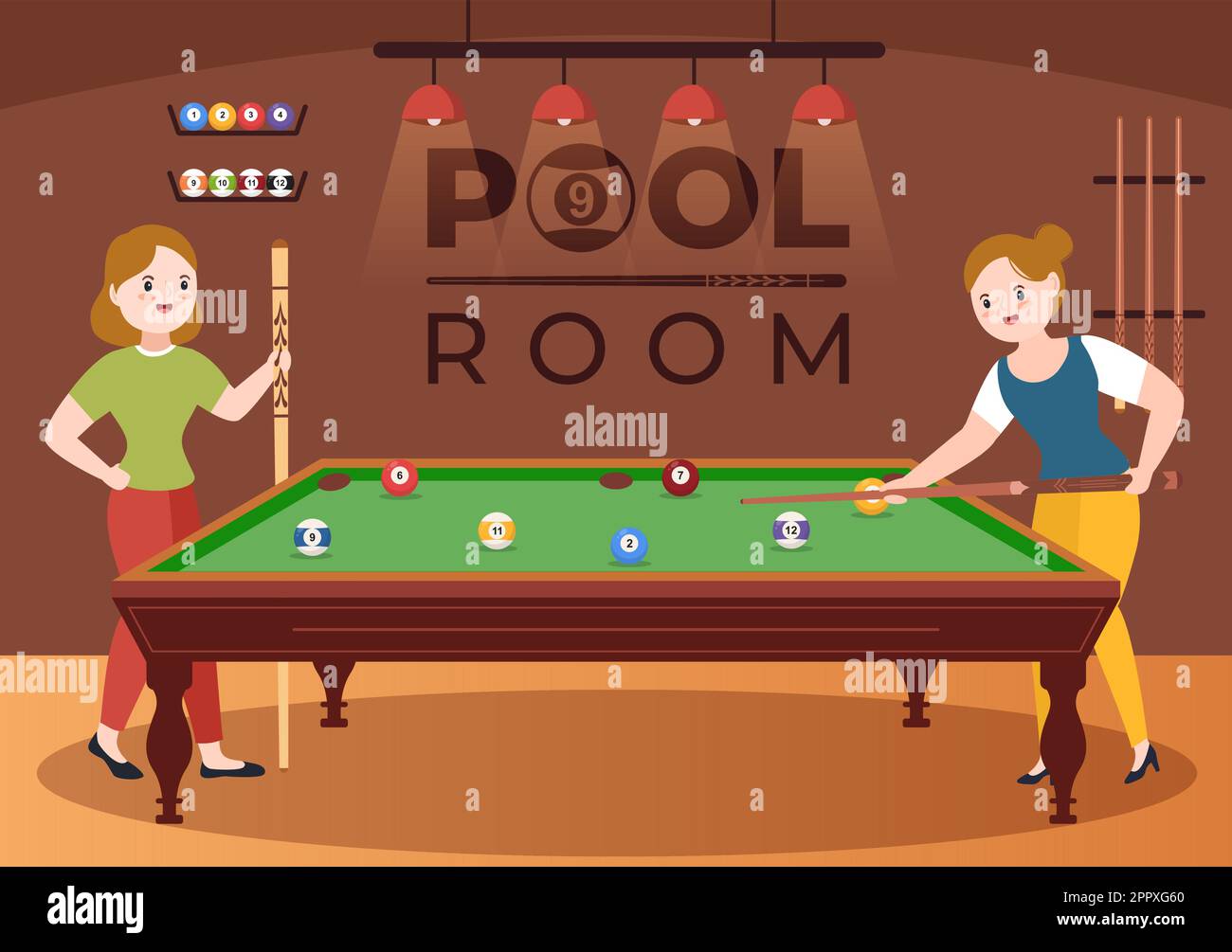 Billiards Game Hand Drawn Cartoon Flat Illustration with Player Pool Room with Stick, Cue Aiming ...