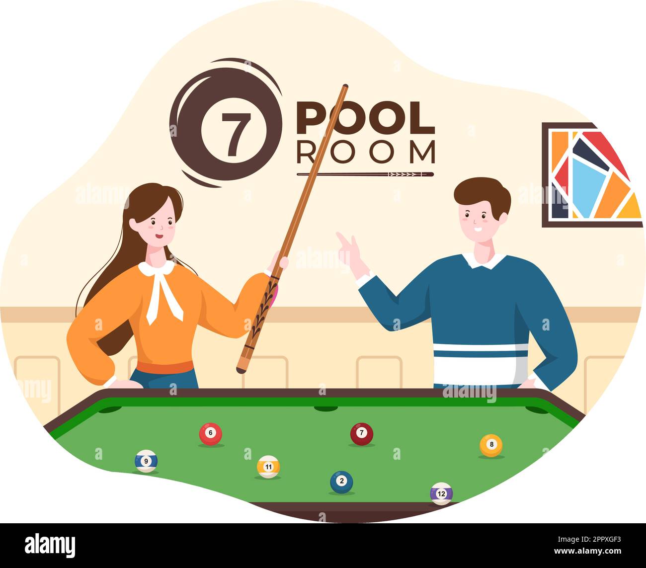 Billiards Game Hand Drawn Cartoon Flat Illustration with Player Pool Room with Stick, Cue Aiming ...