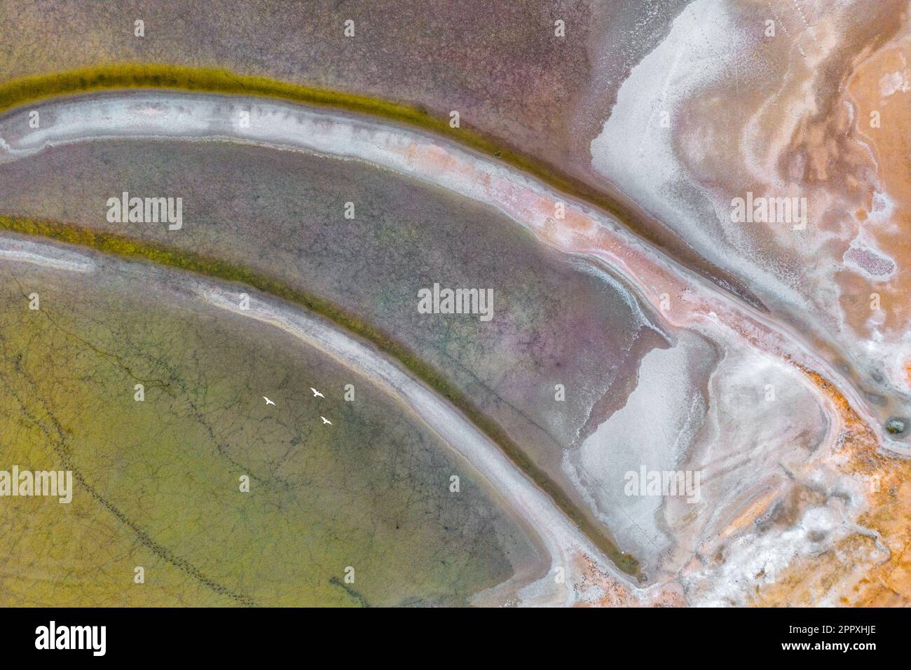 Aerial of transparent salt water lagoon with dry salty edge and ...