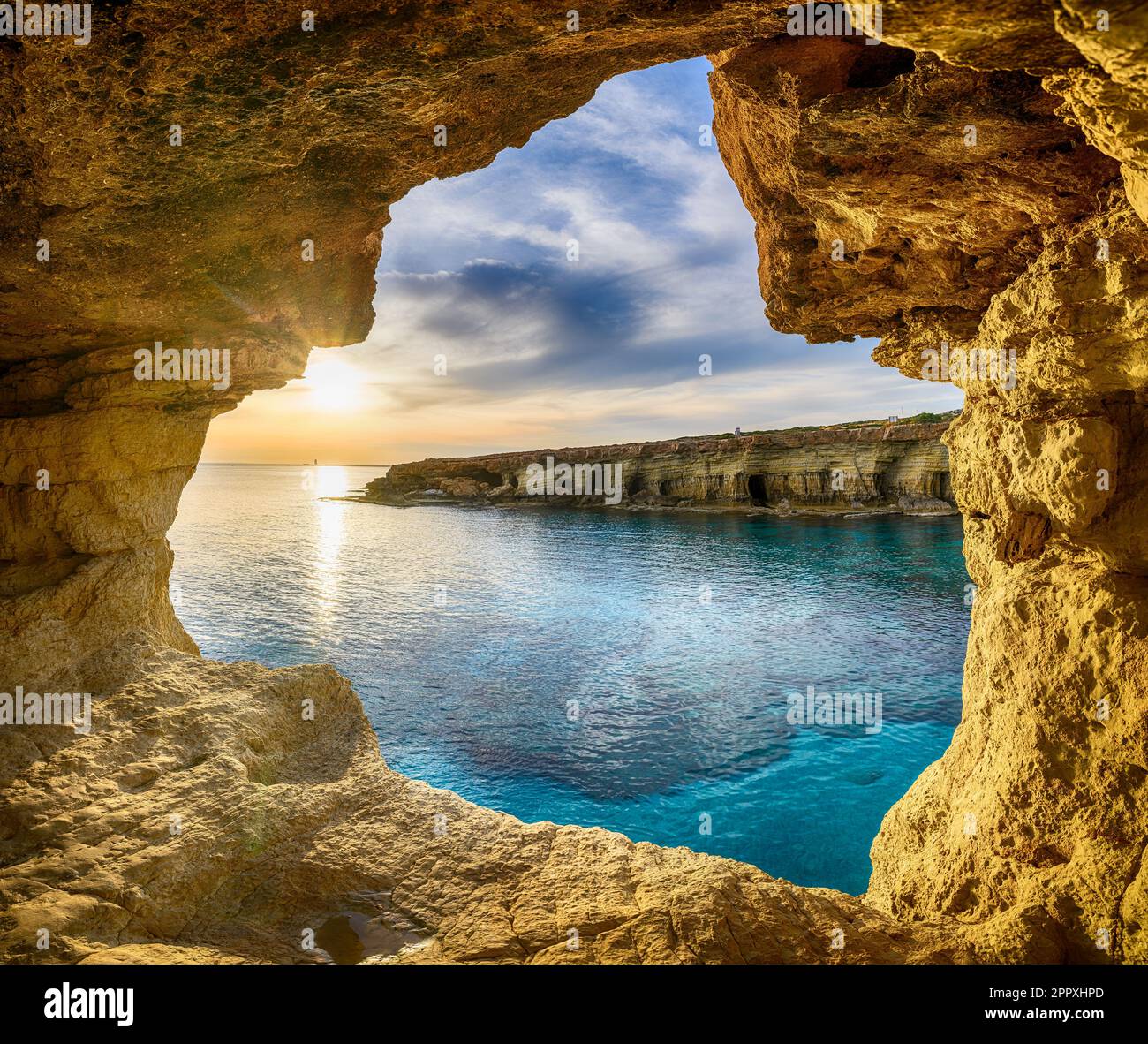 Landscape with sea cave at sunset, Ayia Napa, Cyprus Stock Photo - Alamy