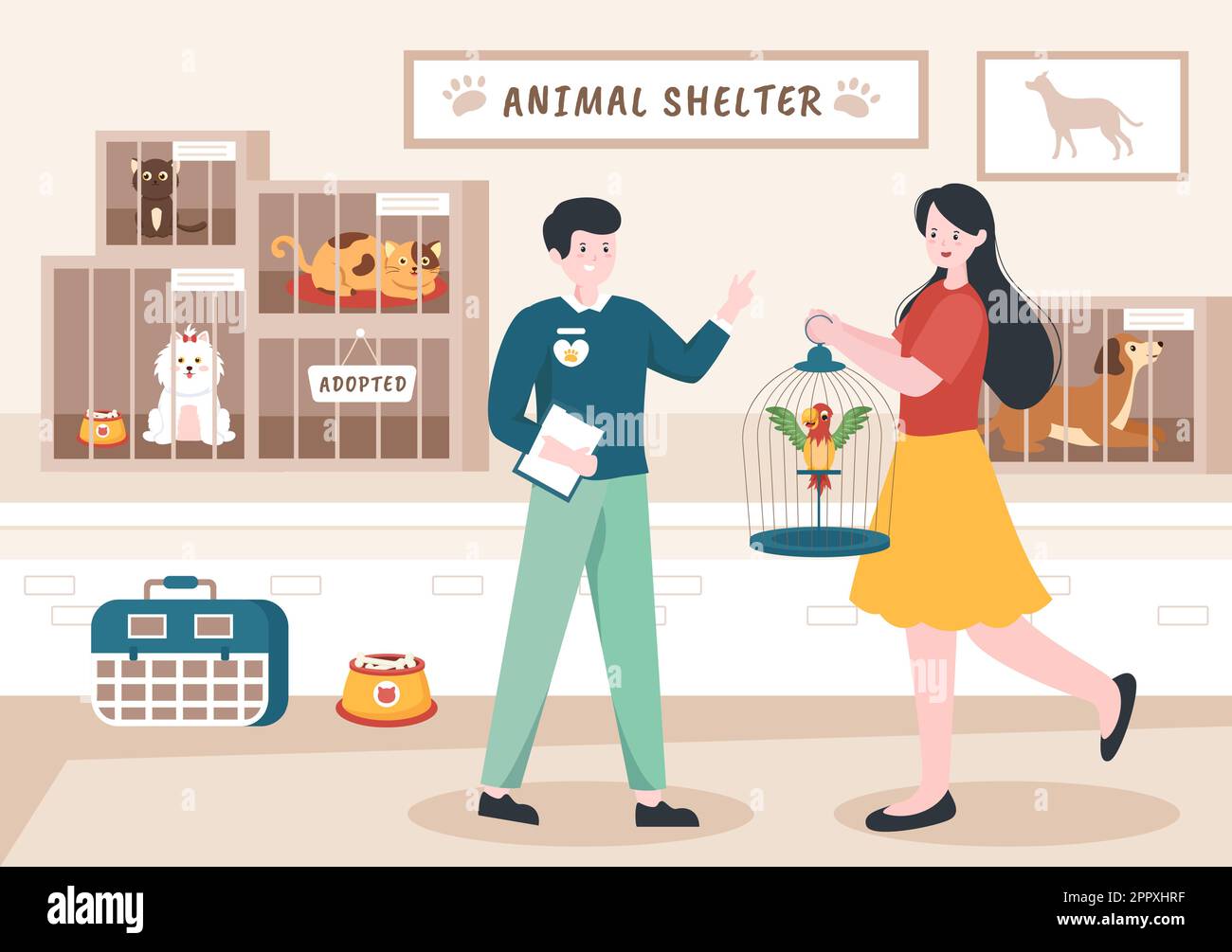 Animal Shelter Cartoon Illustration with Pets Sitting in Cages and ...