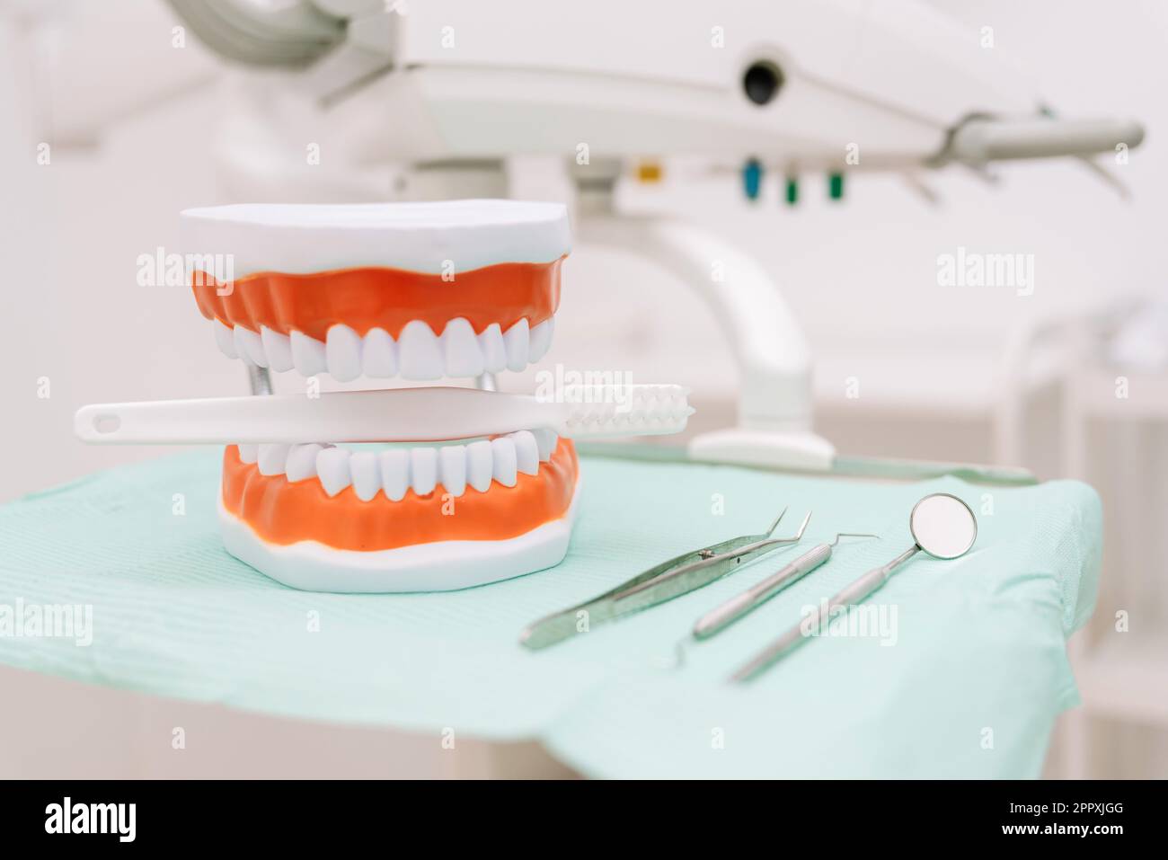 Set of various dental instruments and dentures with toothbrush placed ...