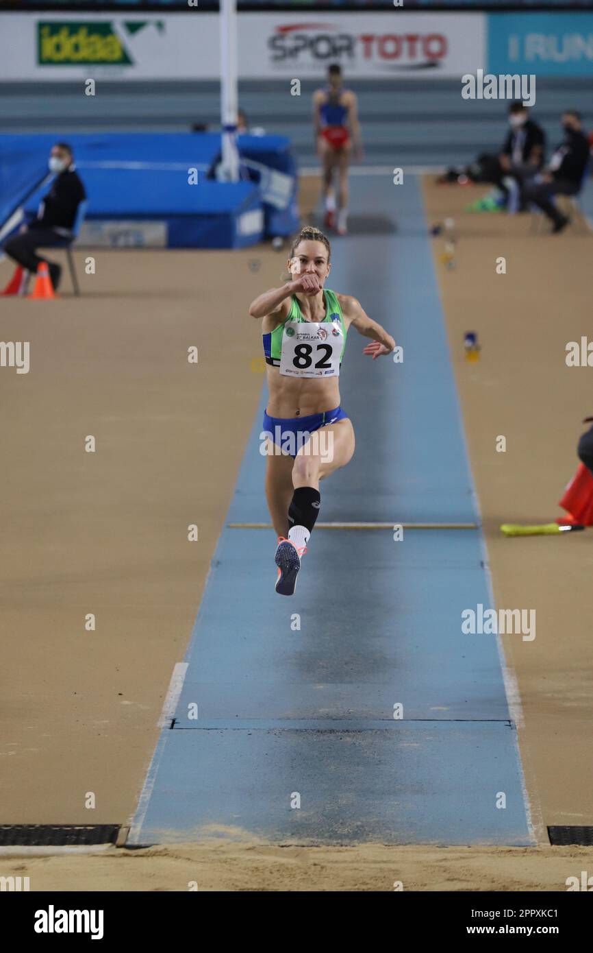 ISTANBUL, TURKEY - MARCH 05, 2022: Neja Filipic triple jumping during ...