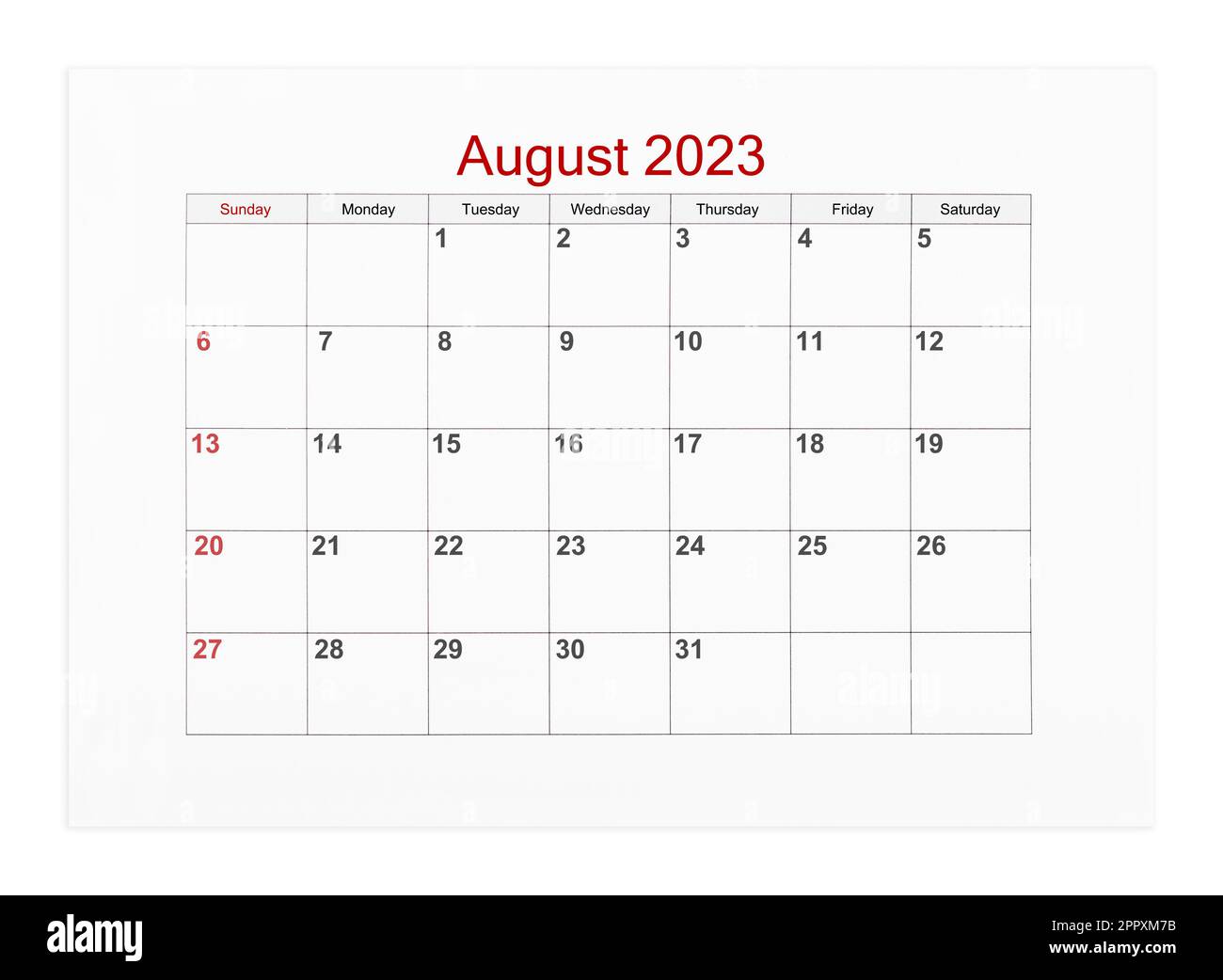 August 2023 Calendar page for 2023 year isolated on white background ...
