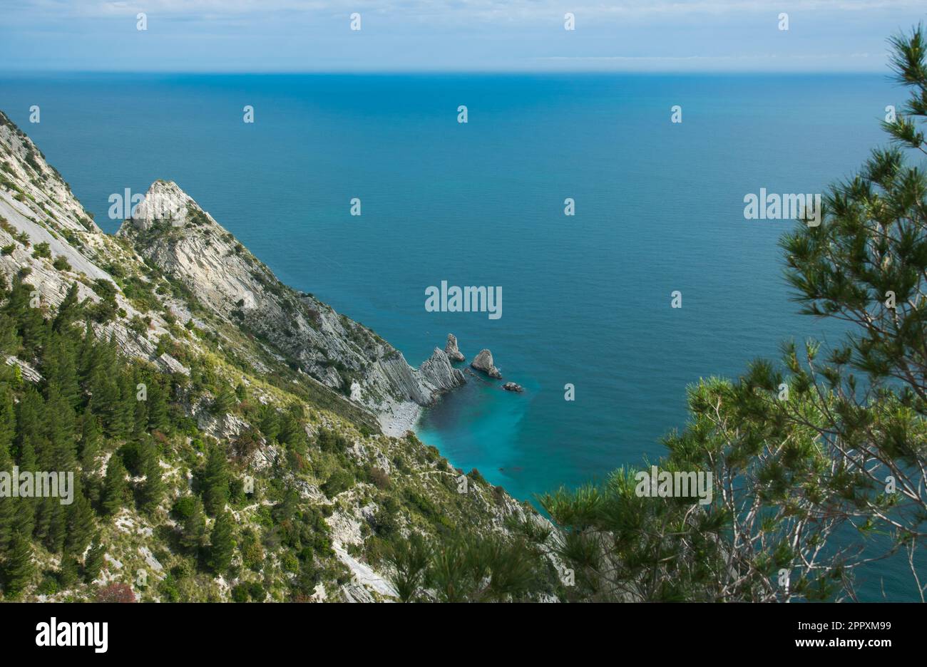 Mediterranean seascape of Le Due Sorelle, famous beach of Conero ...