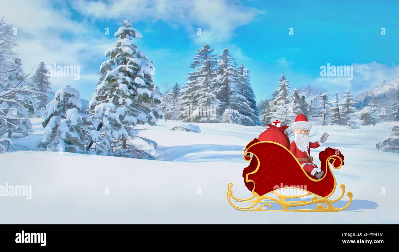 Santa Claus is riding over the forest in a sleigh with gifts. Merry ...