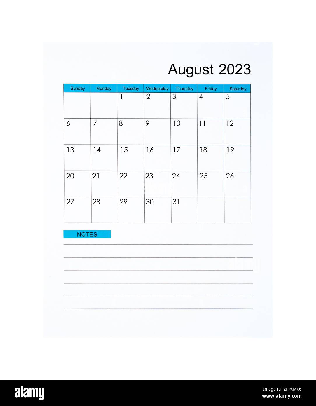 Vertical of August 2023 Calendar page for 2023 year isolated on white ...