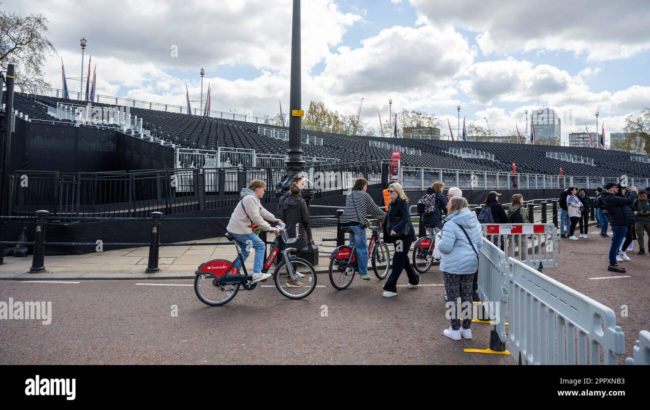 London, UK. 25 April 2023. A spectator stand installed opposite ... London, UK. 25 April 2023. A spectator stand installed opposite ...