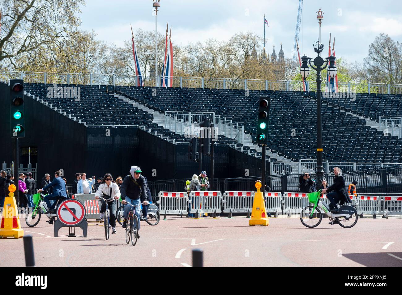 London, UK. 25 April 2023. A spectator stand installed opposite ...