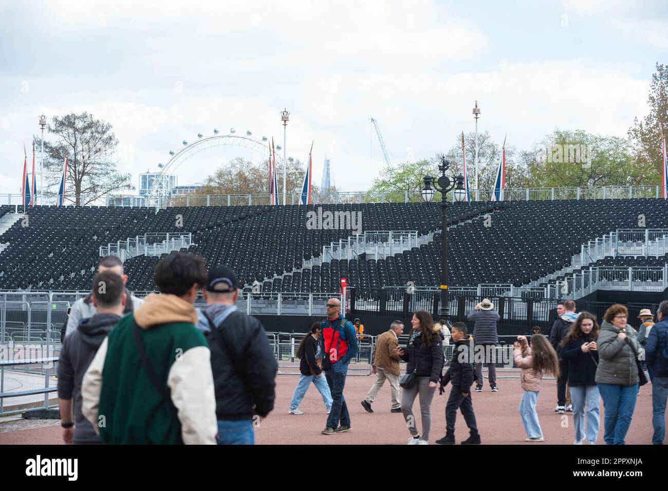 London, UK. 25 April 2023. A spectator stand installed opposite ...