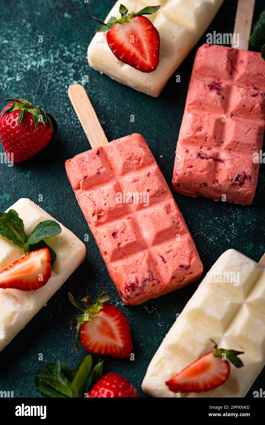 Strawberry ice cream pop sicle with mint Stock Photo - Alamy