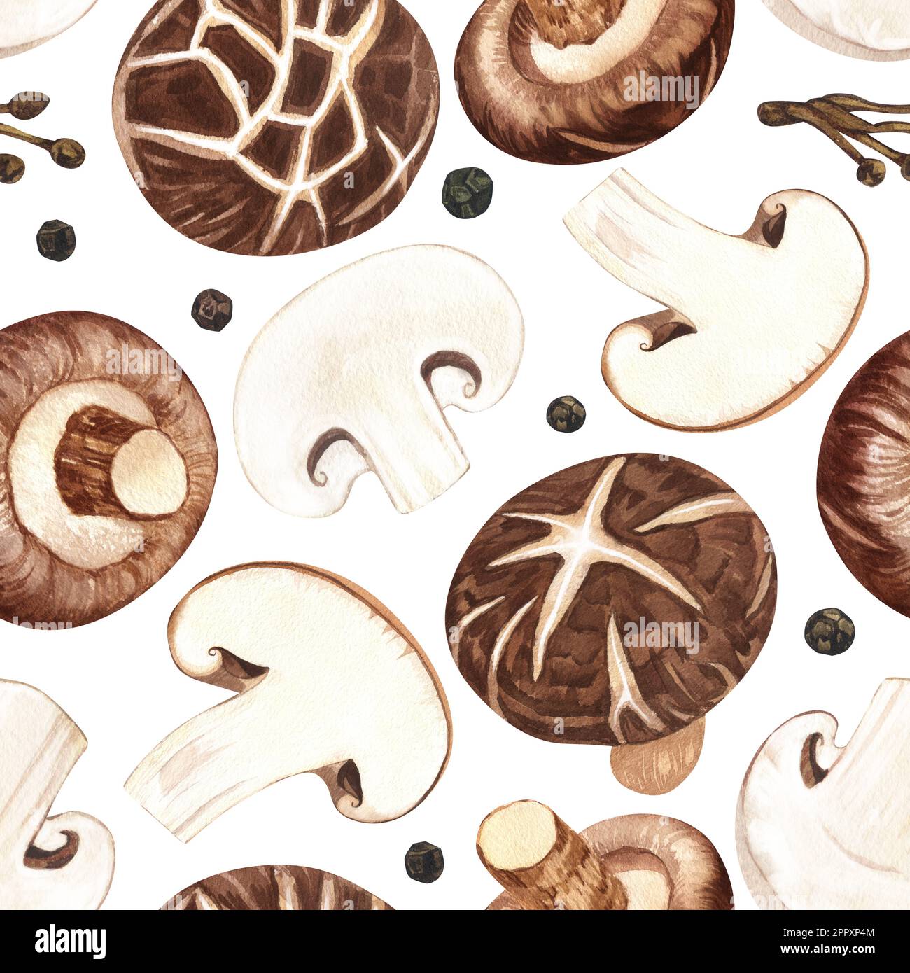 Watercolor seamless pattern shiitake medicinal mushroom, adaptogenic ...