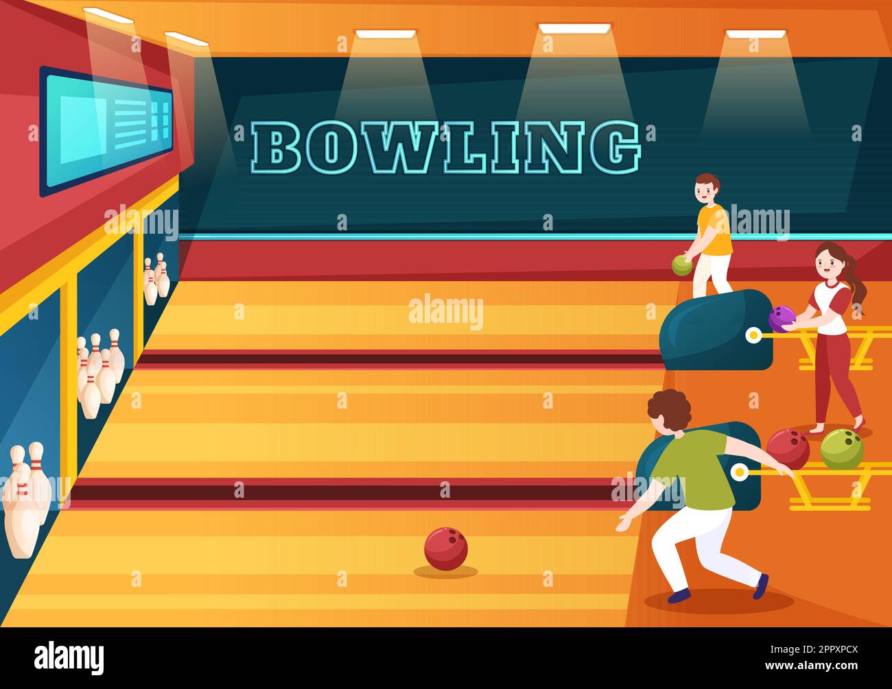 People Play Bowling Game Hand Drawn Cartoon Flat Design Illustration ...