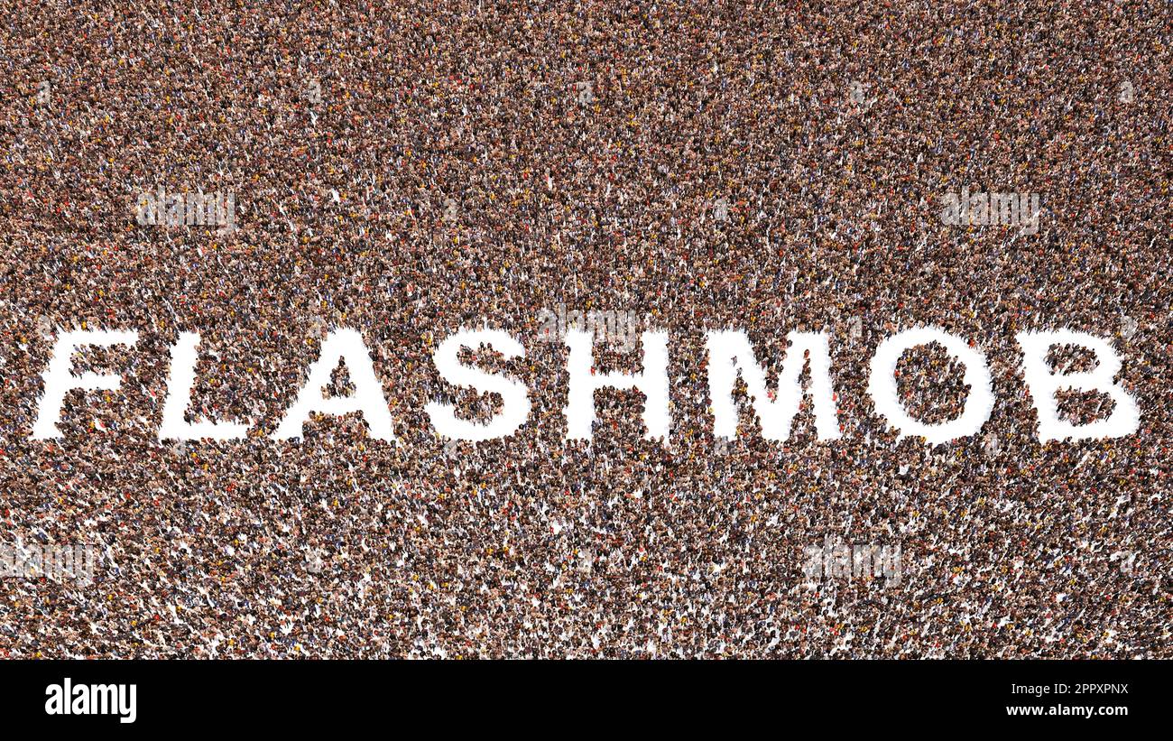 Concept conceptual large community of people forming FLASHMOB word. 3d ...
