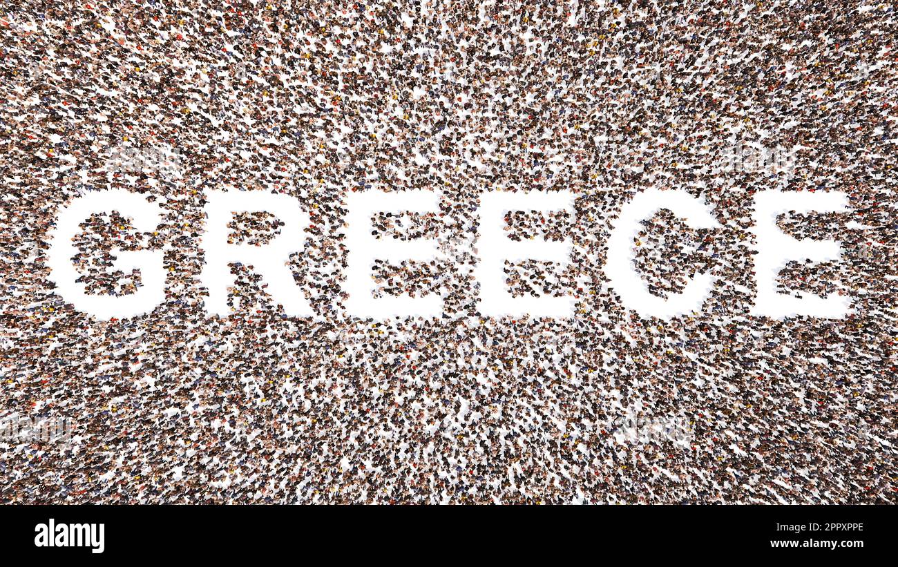 Concept or conceptual large community of people forming the word GREECE ...