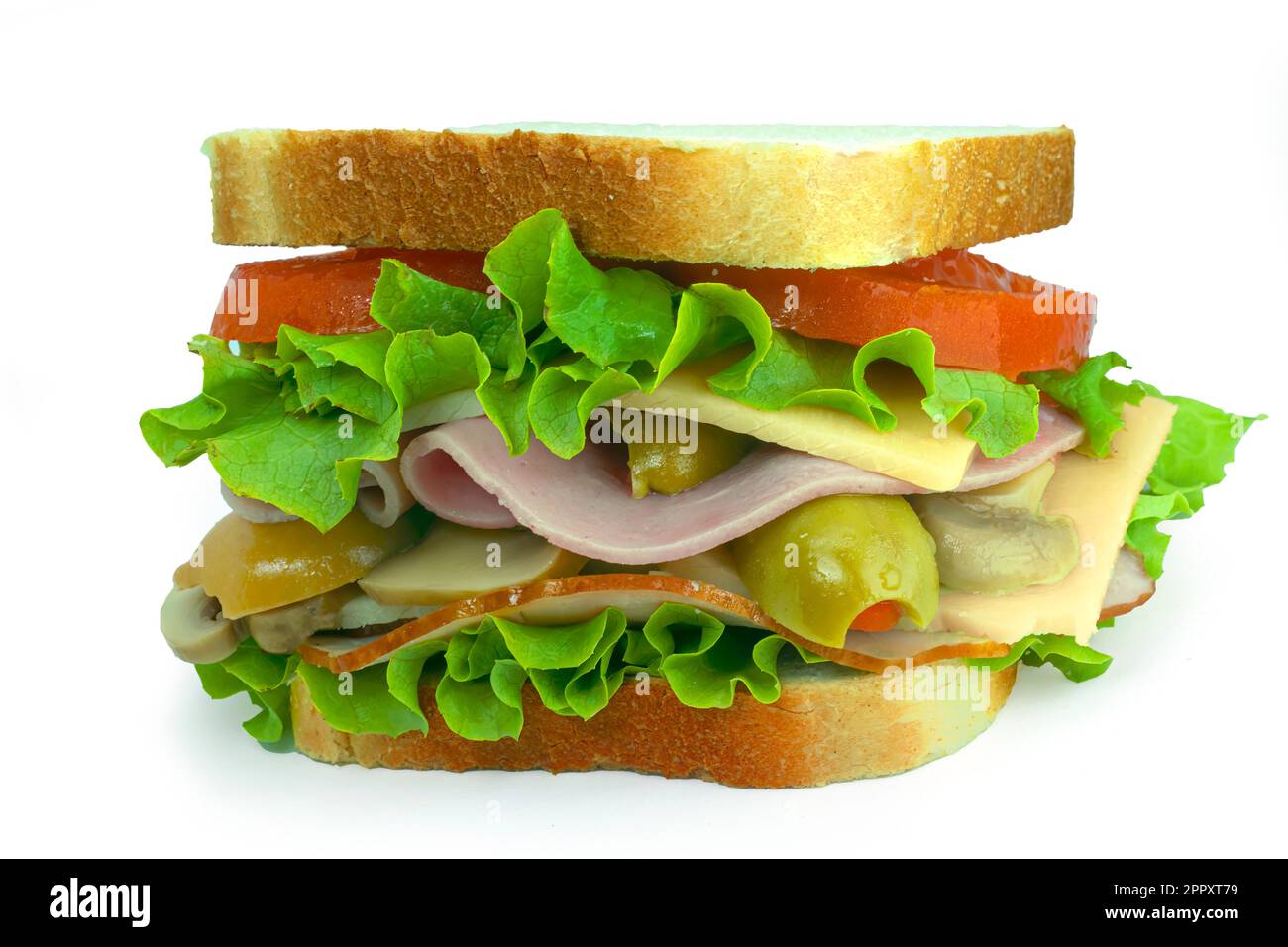 Fresh sandwich with tomato, lettuce, ham, olive, cheese, mushroom ...