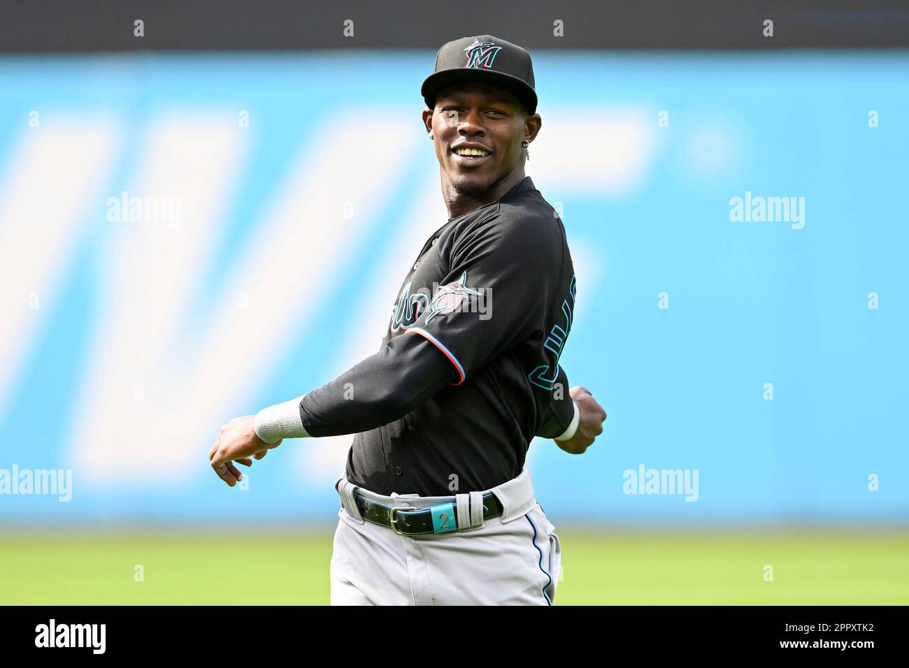 Miami Marlins' Jazz Chisholm Jr. warms up before the first baseball ...