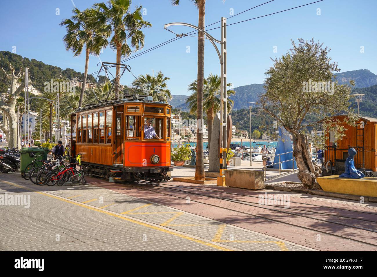 Historic train passing through the village of Puerto Soller, Soller ...