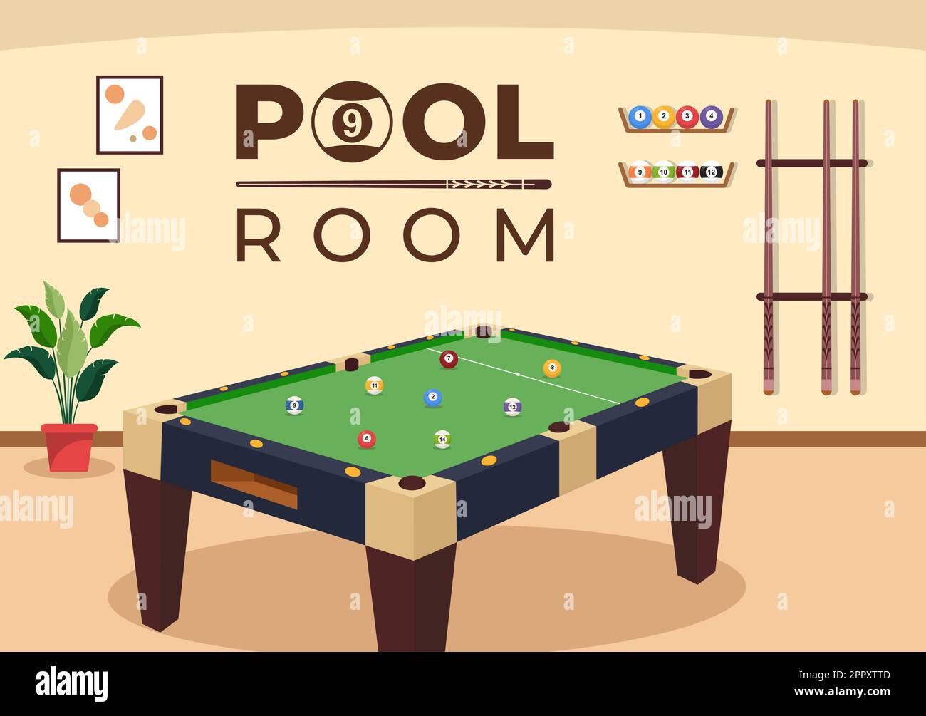 Billiards Game Hand Drawn Cartoon Flat Background Illustration With