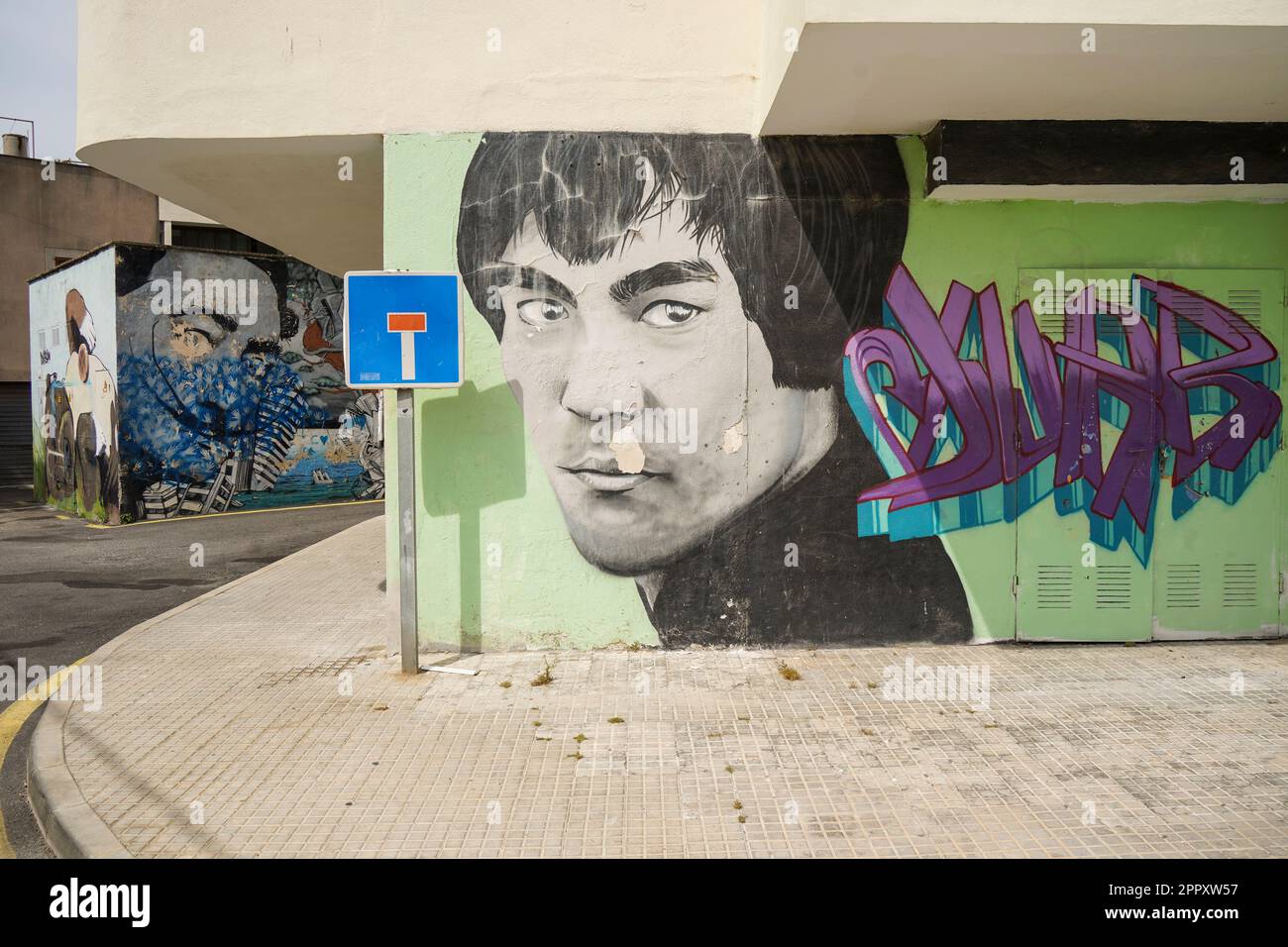 Bruce Lee and Dali portraits painted on wall. Alcudia, Spain Stock ...