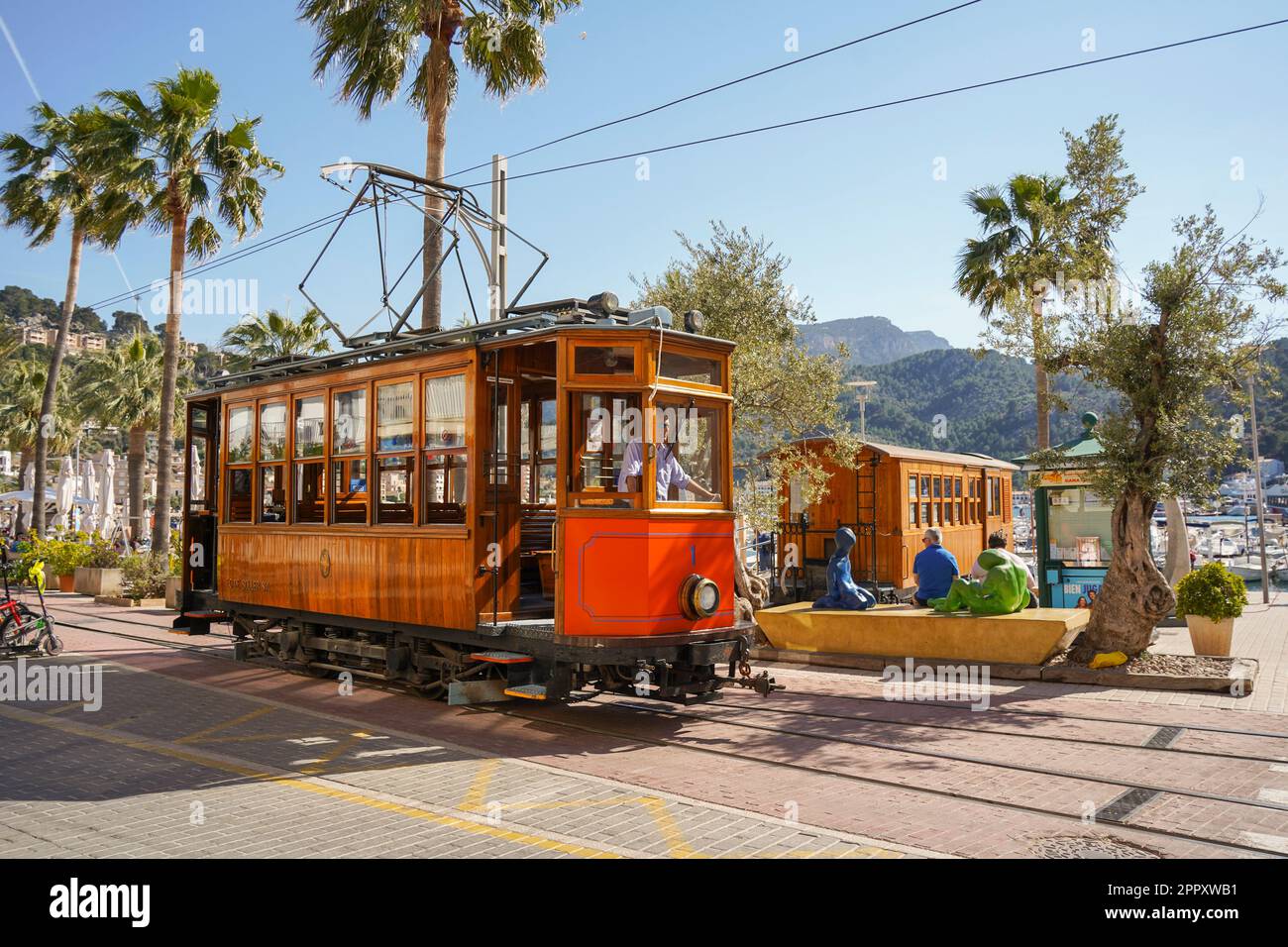 Historic train passing through the village of Puerto Soller, Soller ...