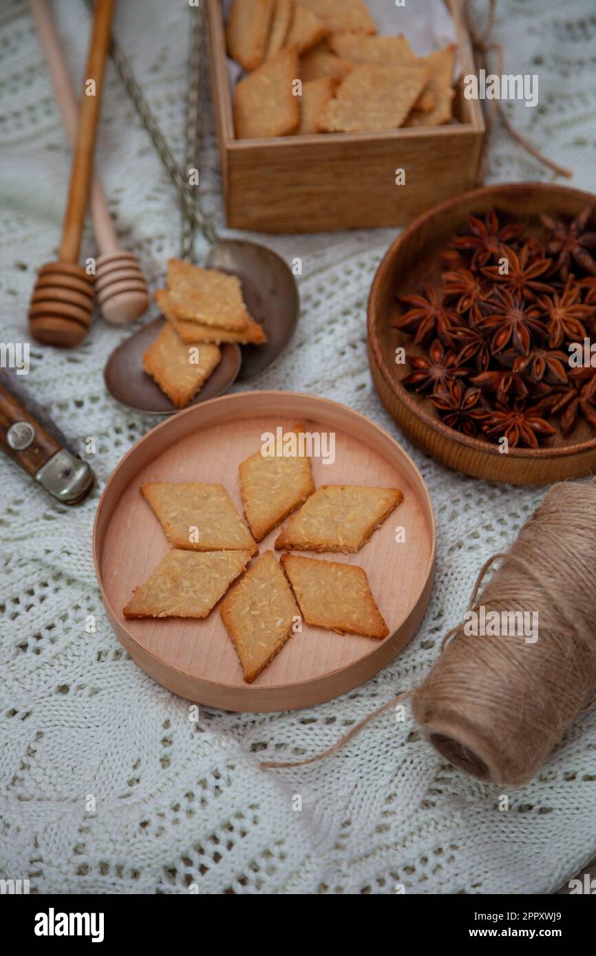 Homemade cookies with coconut. Rhombus shaped cookie. Sweet food ...