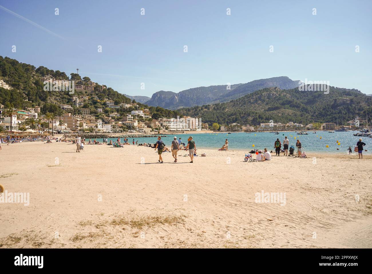Puerto Soller, Spain. View of the beach of Puerto Soller, with ...