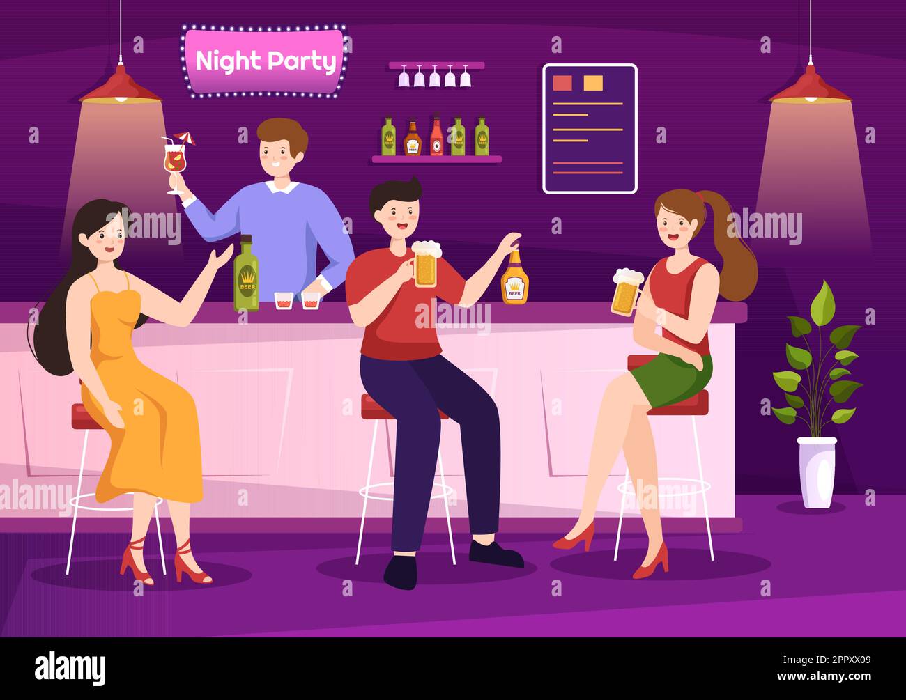 Night Club Cartoon Illustration with Nightlife like a Young People ...