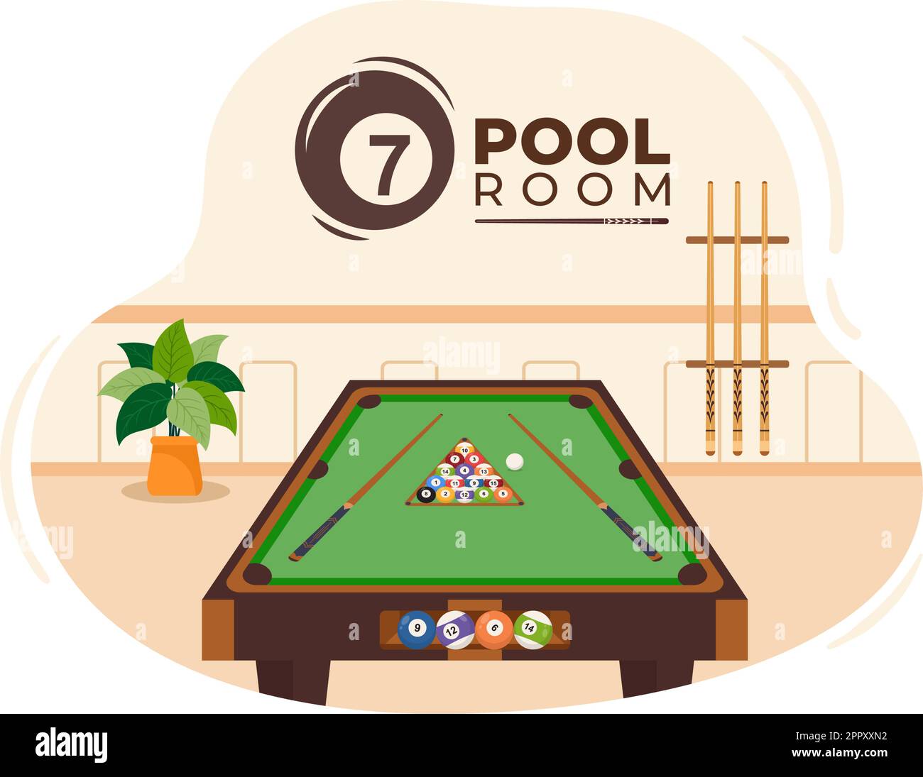 Billiards Game Hand Drawn Cartoon Flat Background Illustration With