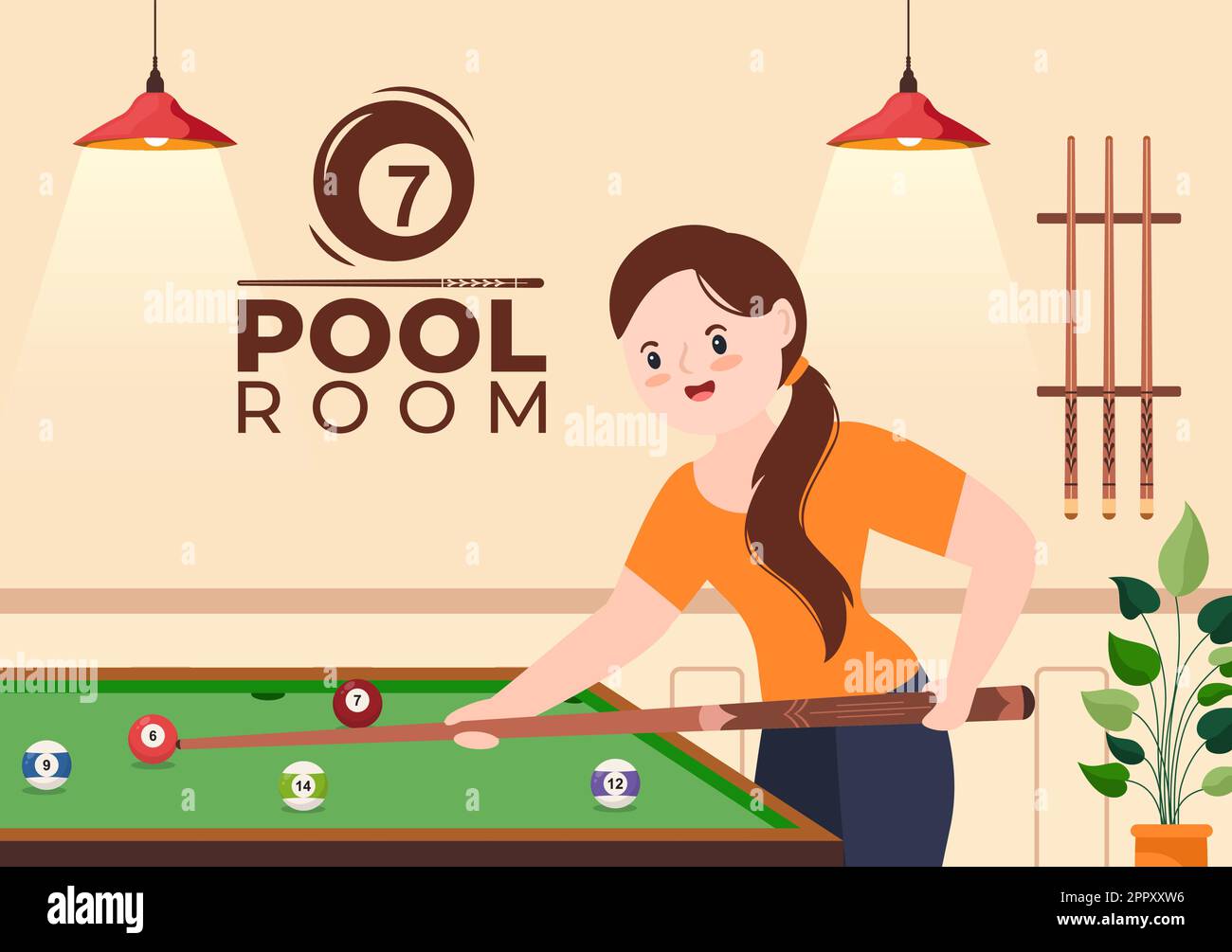 Billiards Game Hand Drawn Cartoon Flat Illustration With Player Pool