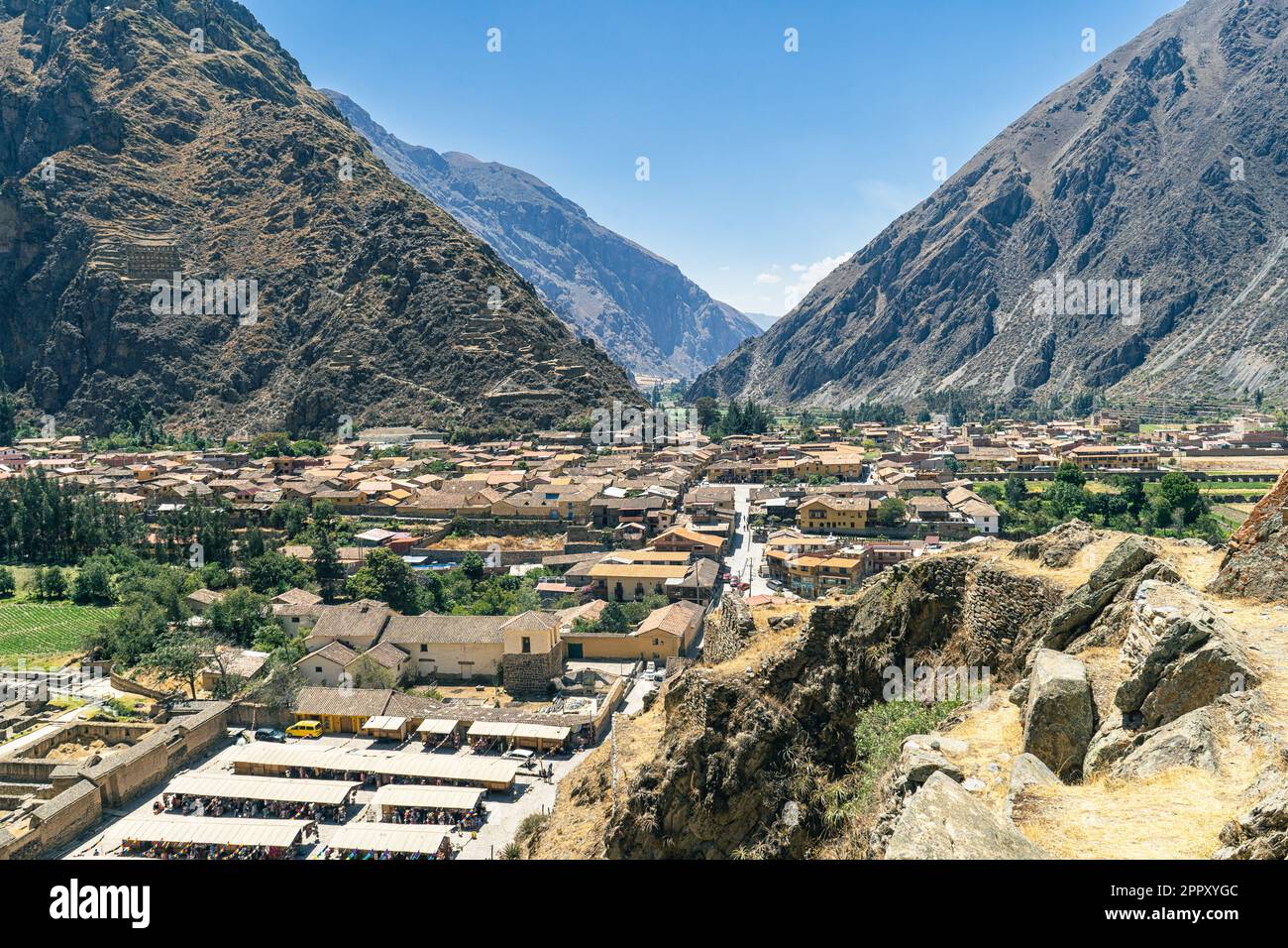 Ollantaytambo, Inca ruins of Ollantaytambo, Ollantaytambo town in the ...