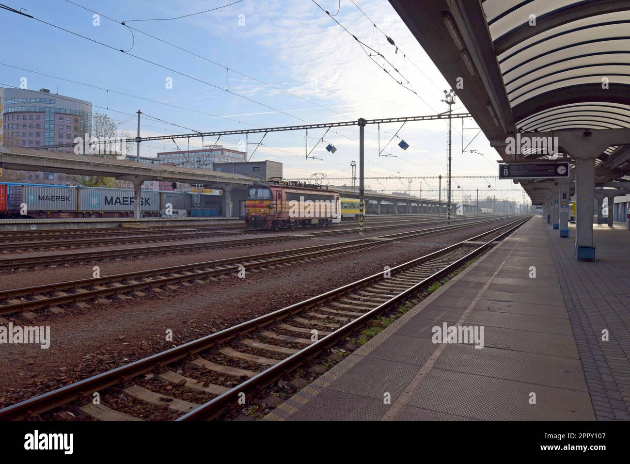 Trains waiting at the platforms at Petržalka railway station ...