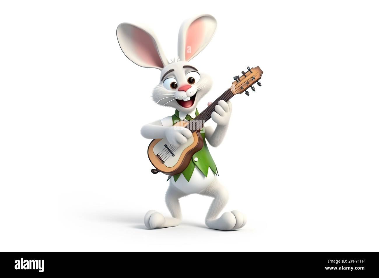 Rabbit or hare playing guitar and smiling with copy space on a white ...