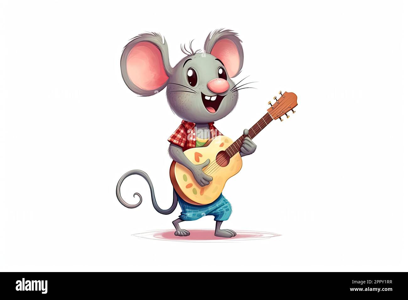 Mouse playing guitar and smiling with copy space on a white background ...